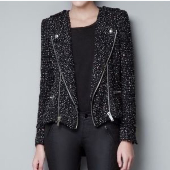 Zara | Jackets & Coats | Zara Blazer Boucle Black Fantasy Fabric Jacket ...